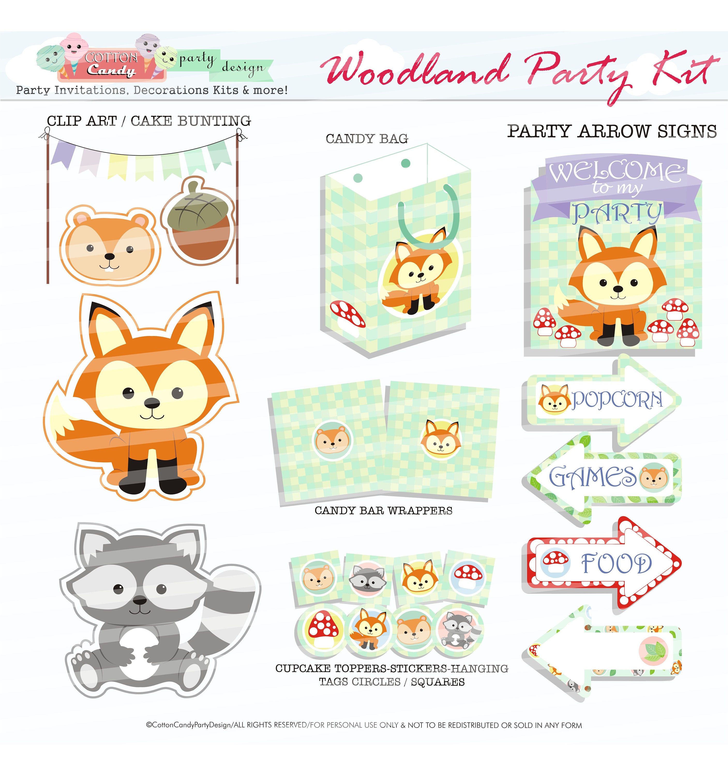 Woodland Party Printable Decor Kit Fox Raccoon Forest Animals Birthday ...