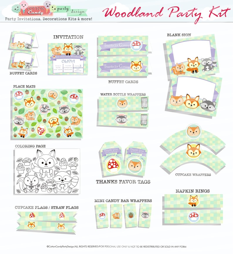 Woodland Party Printable Decor Kit Fox Raccoon Forest Animals Birthday ...