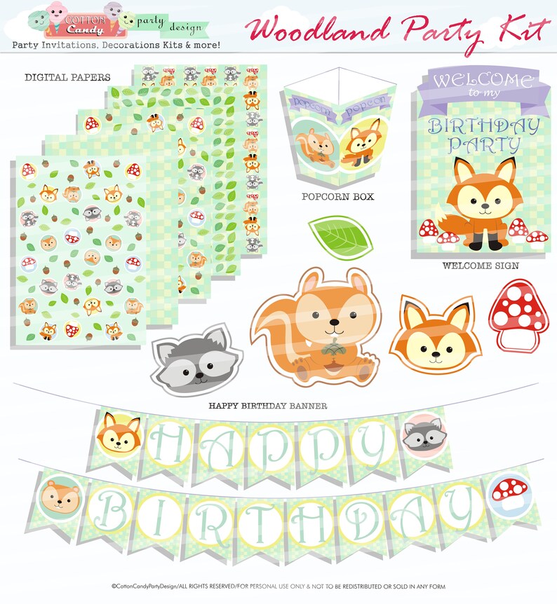 Woodland Party Printable Decor Kit Fox Raccoon Forest Animals Birthday ...