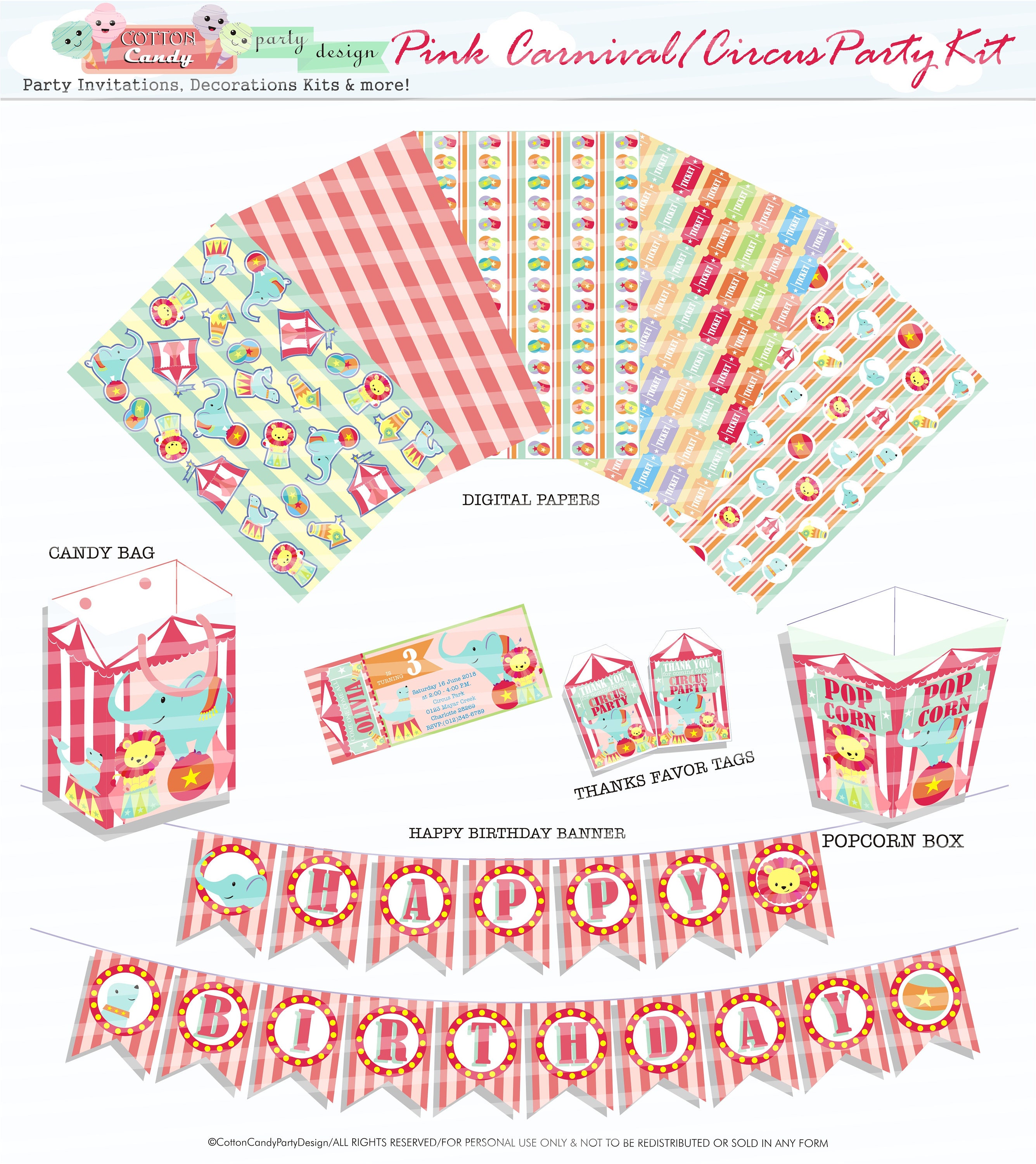Pink Carnival Party Kit, Carnival Birthday Party Package, Printable ...