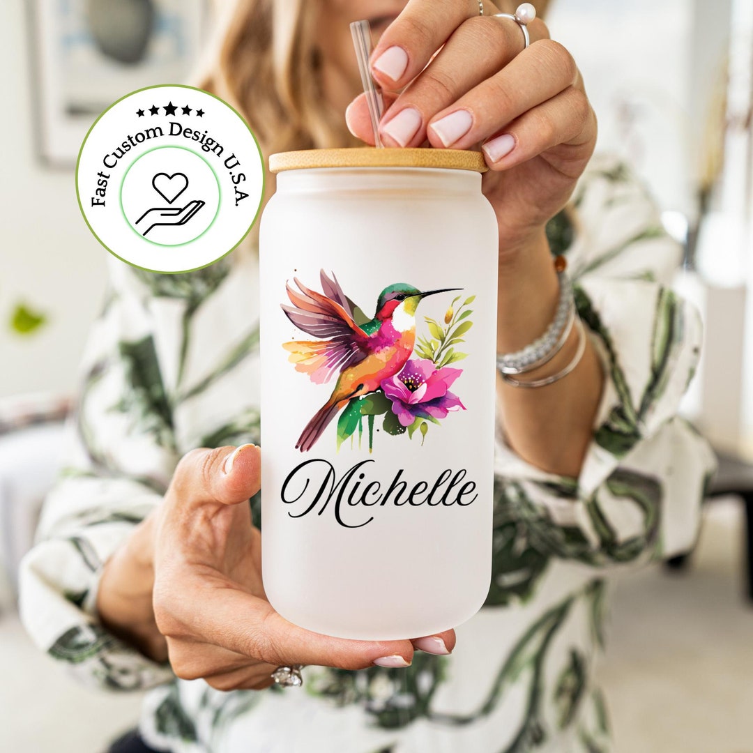 Personalized Hummingbird Cup With Bamboo Lid and Straw Bird Mug Flower ...
