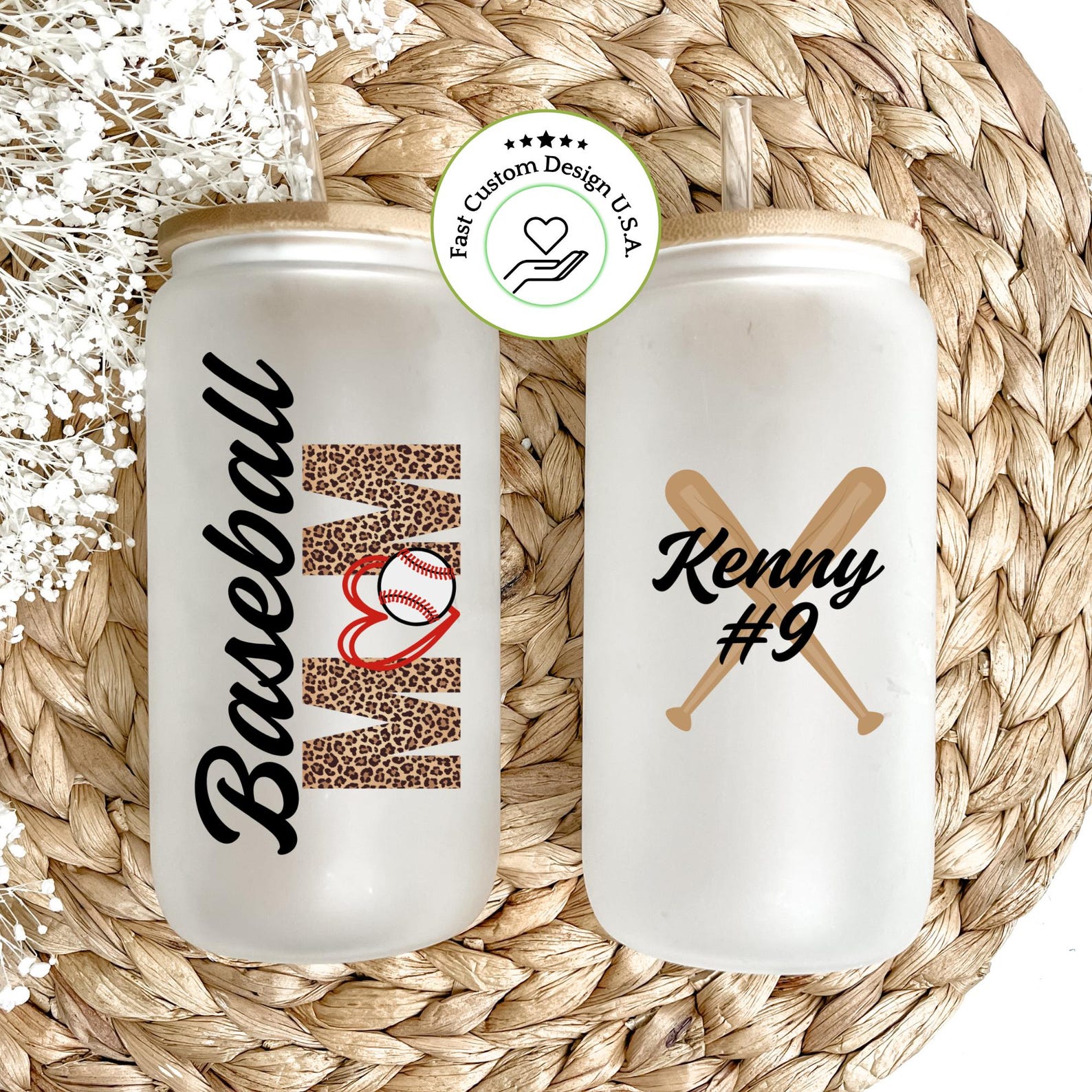 Personalized Baseball Mom Glass Cup With Straw- Baseball Mom Gift ...