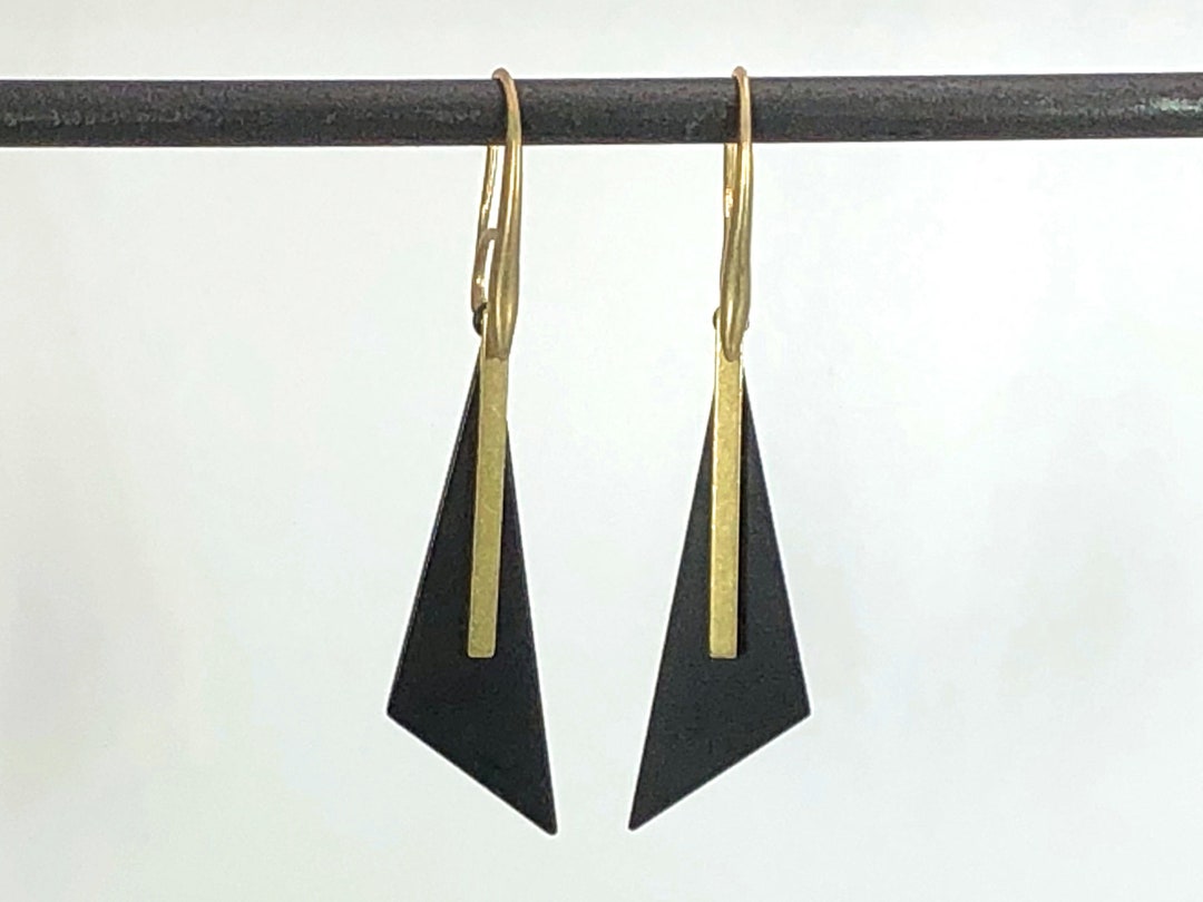 Elegant Matte Black Triangle Earrings With Slim Gold Bars. Unique Earrings. Geo Statement ...