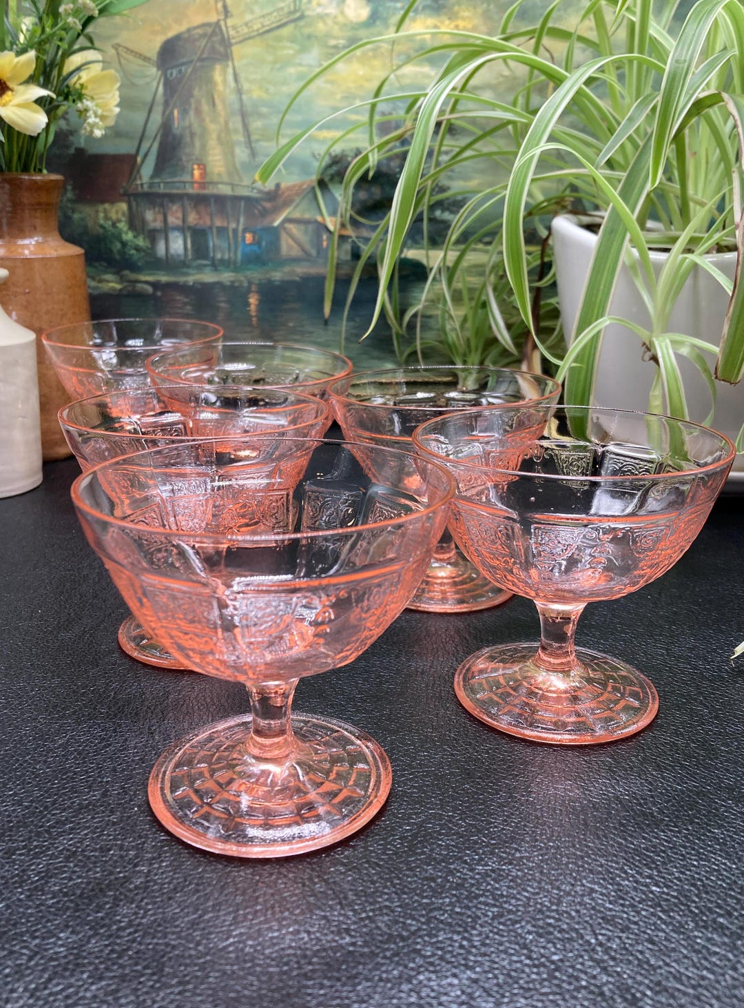 Pink Uranium Glass -anchor Hocking "princess" Pink Depression Champagne/low Sherbet Glasses, UV ...