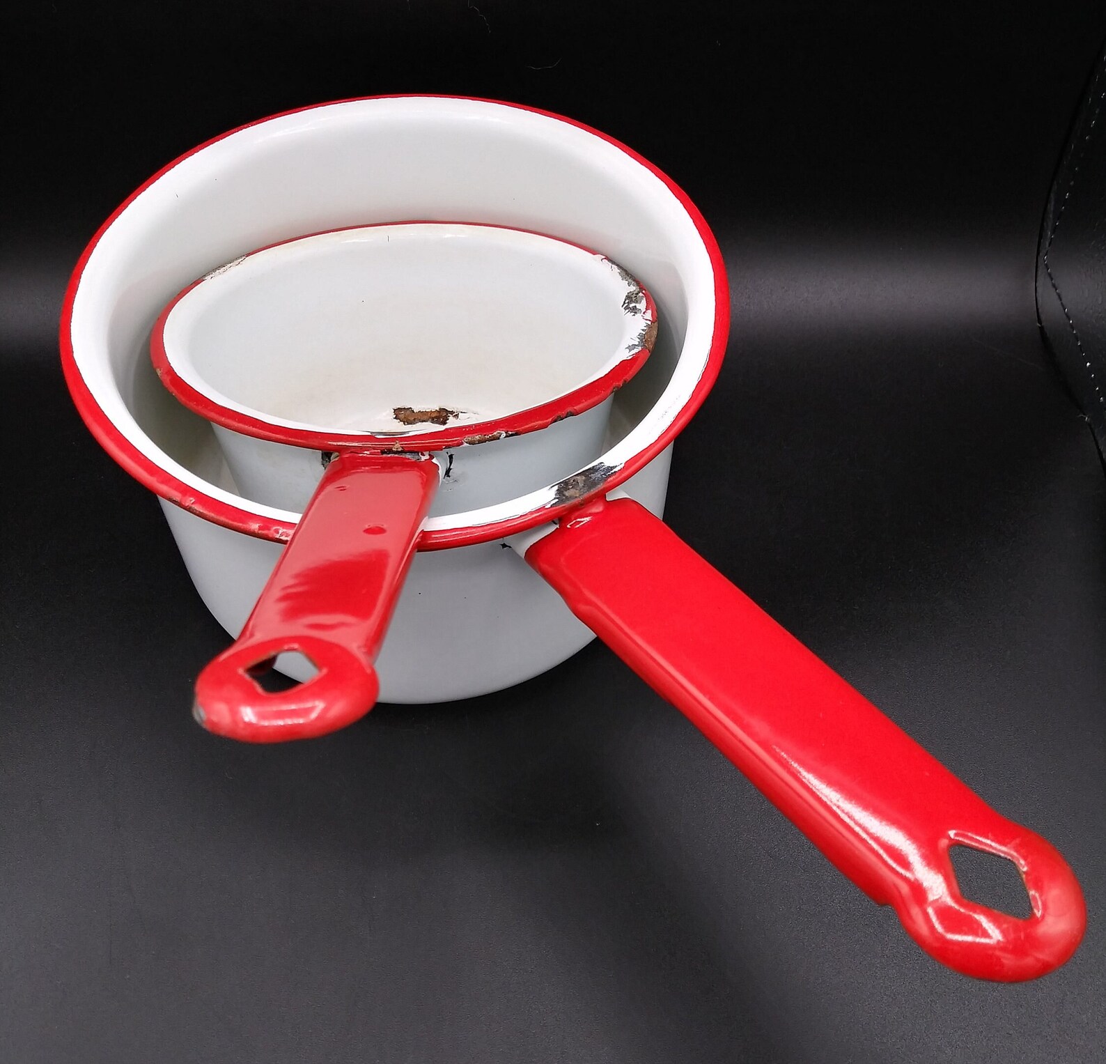 Set of Two Vintage White and Red Enamel Ware Pots Vintage - Etsy