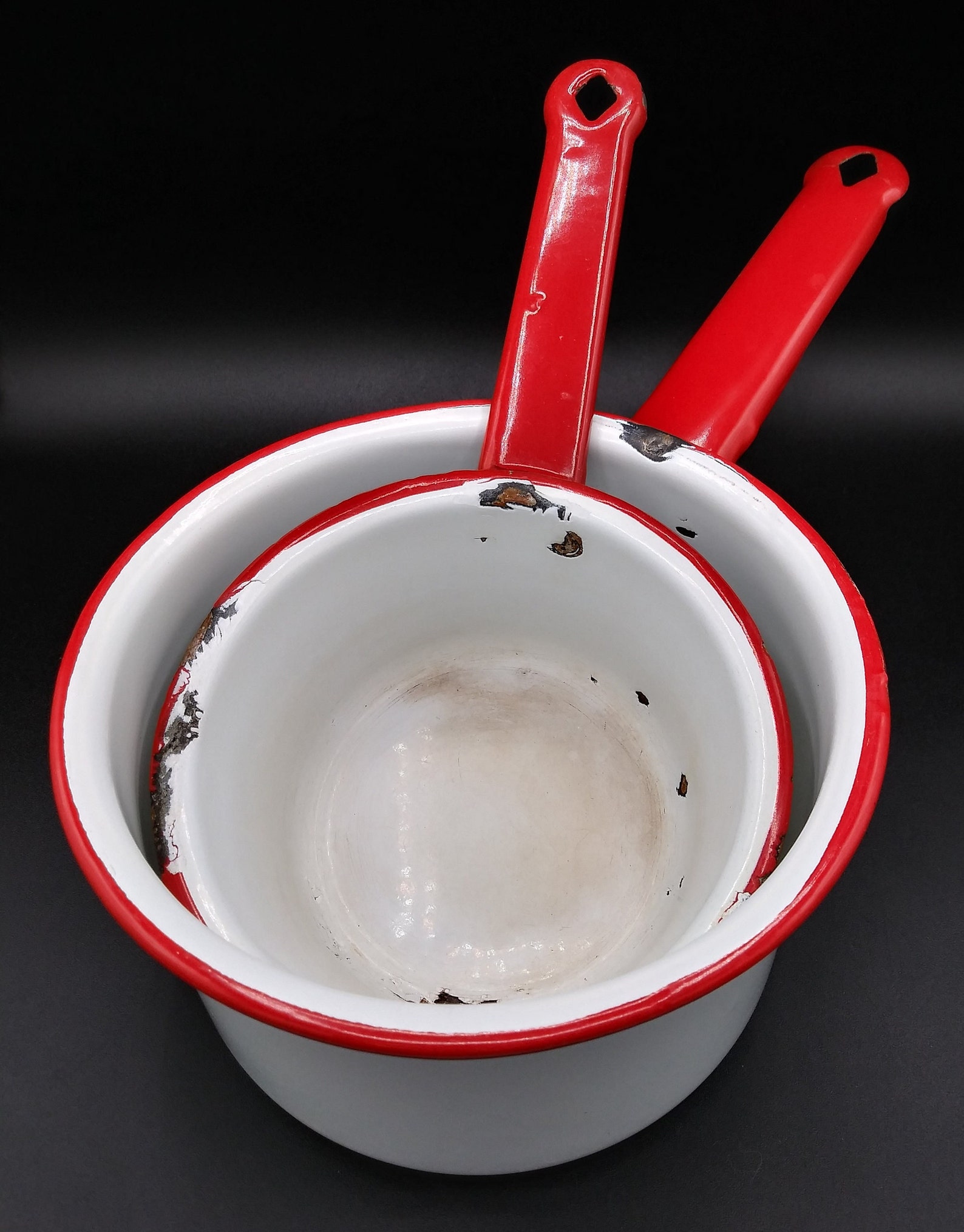 Set of Two Vintage White and Red Enamel Ware Pots Vintage - Etsy