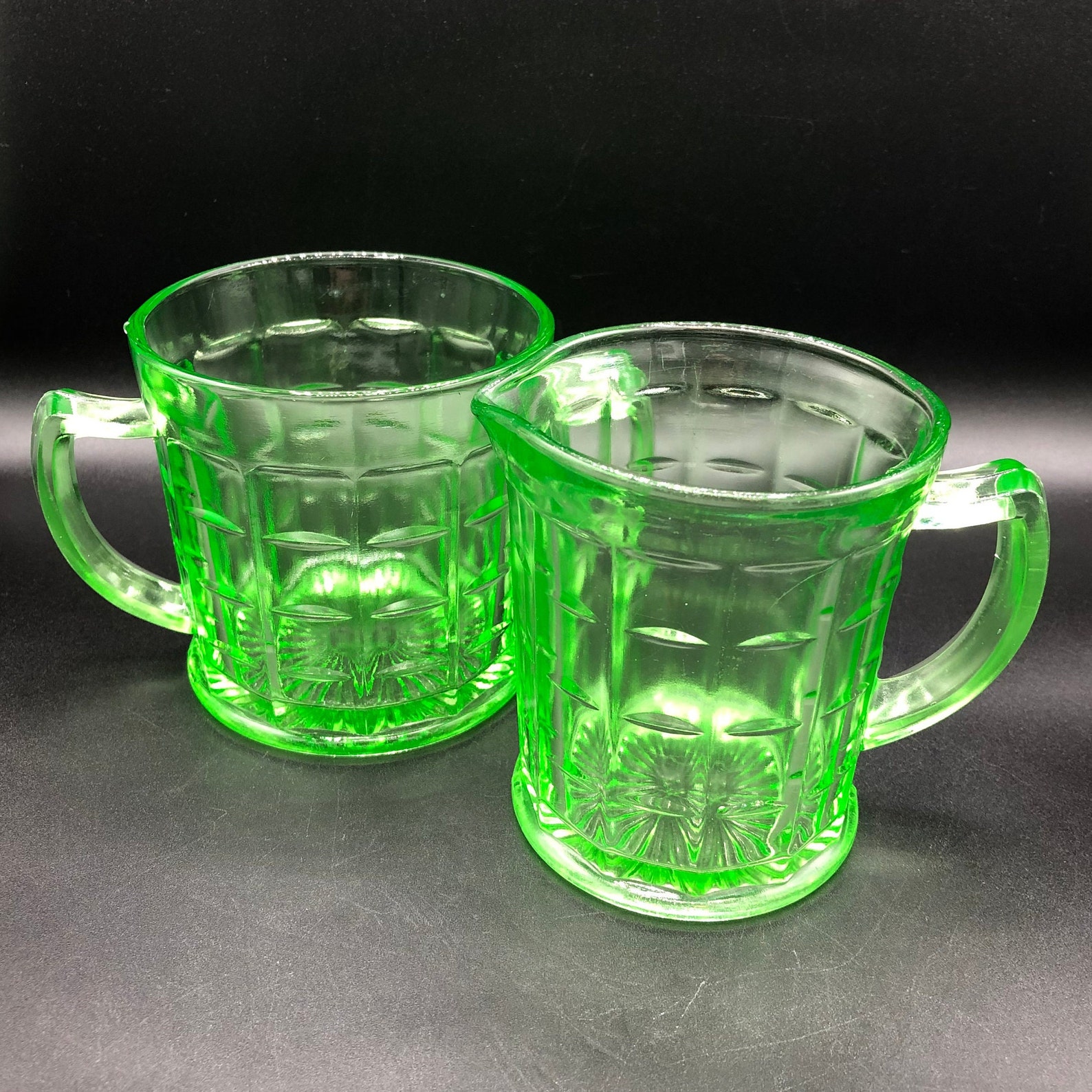 Vintage Hazel Atlas Colonial Block Pattern Green Depression Glass Cream ...