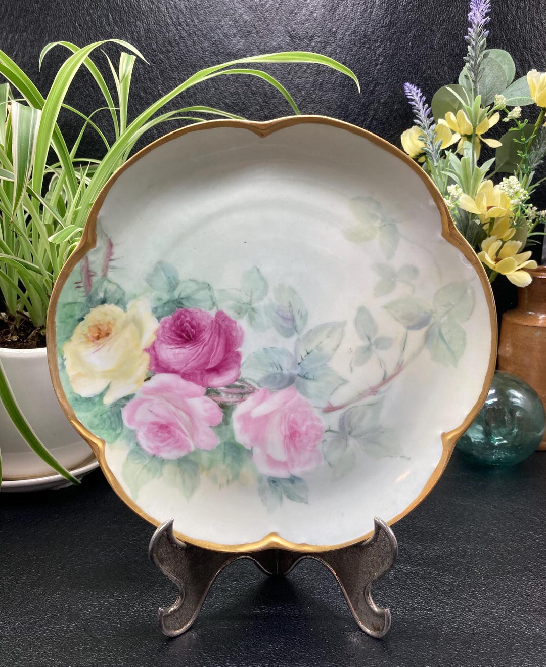 Antique Porcelain Plates Hand Painted, Gilded Scalloped Edges, Novice ...