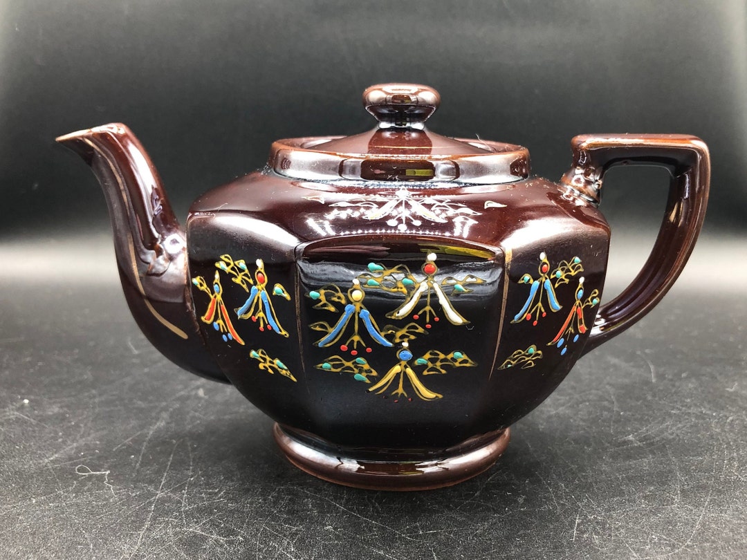 Vintage Japanese Redware Teapot: Hand-painted Enamel Birds, Brown Betty ...
