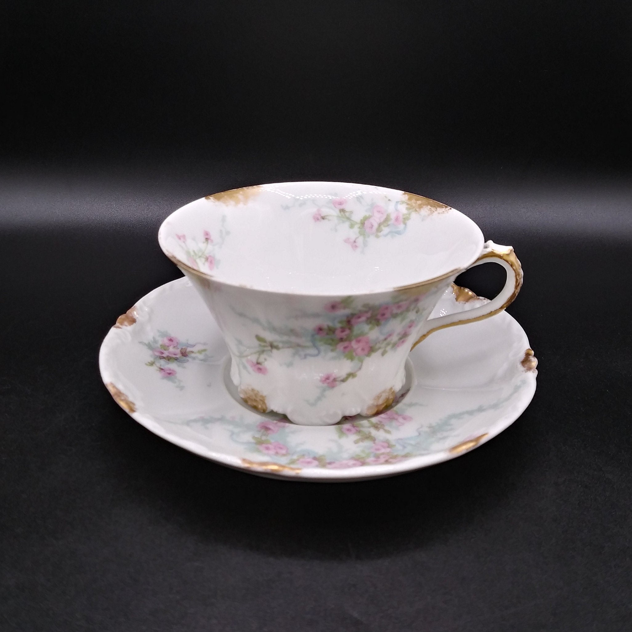 Limoges Pink Flowers and Blue Ribbon Tea Cups - Etsy