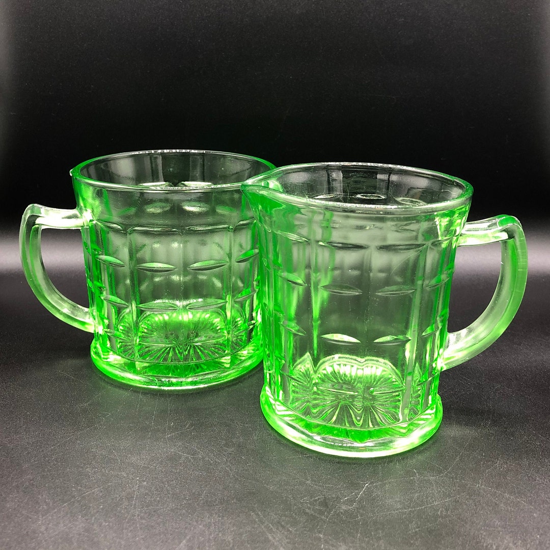 Vintage Hazel Atlas Colonial Block Pattern Green Depression Glass Cream ...