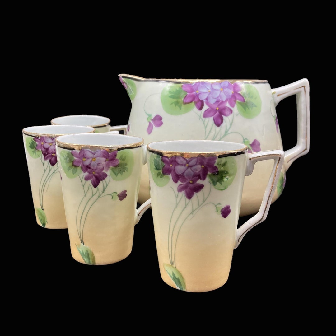 NIPPON Porcelain Cider Set With Hand Painted Violets, Large Vintage ...