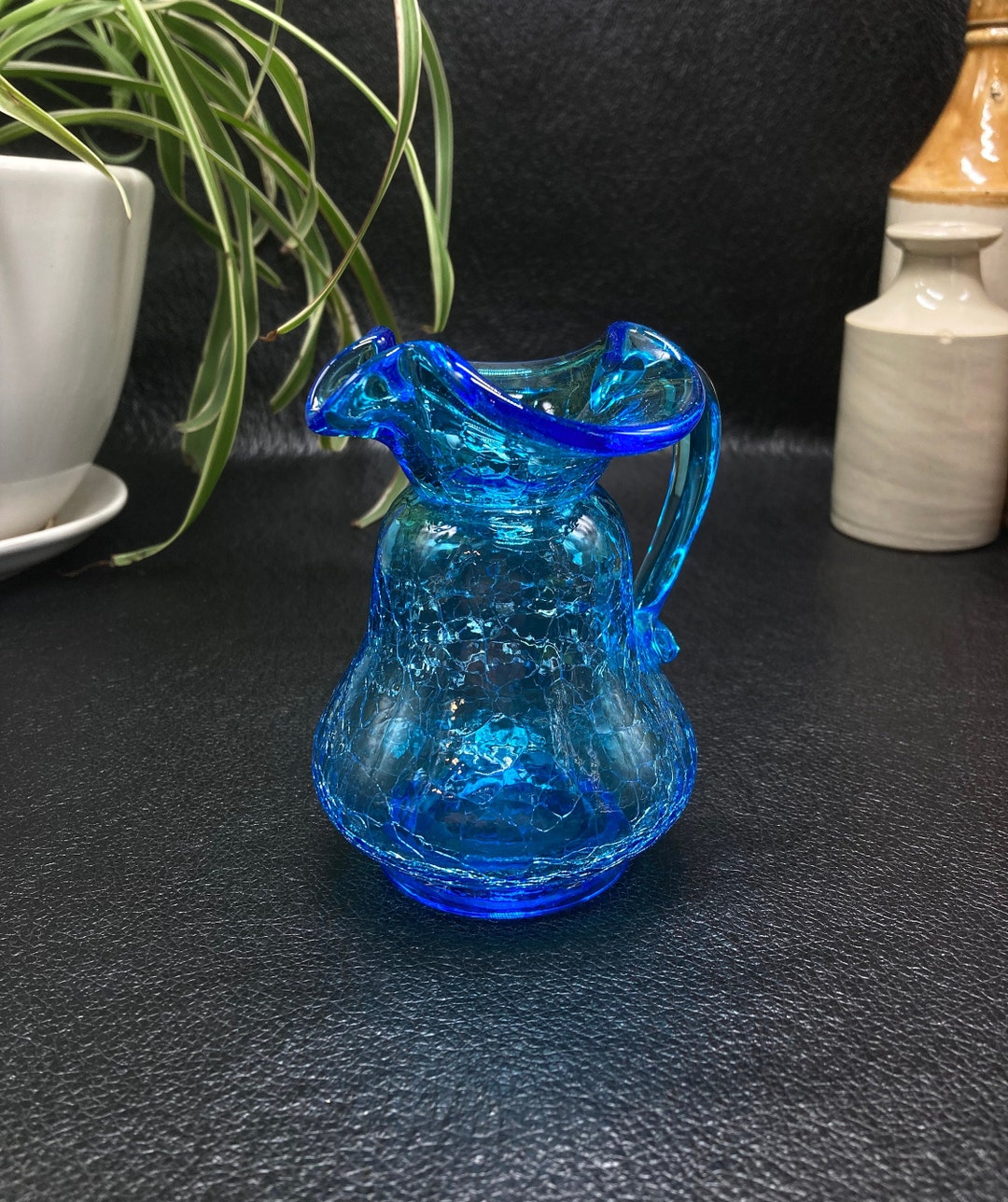 Victorian Era Crackle Glass Pitcher Bright Blue With Applied Blue ...