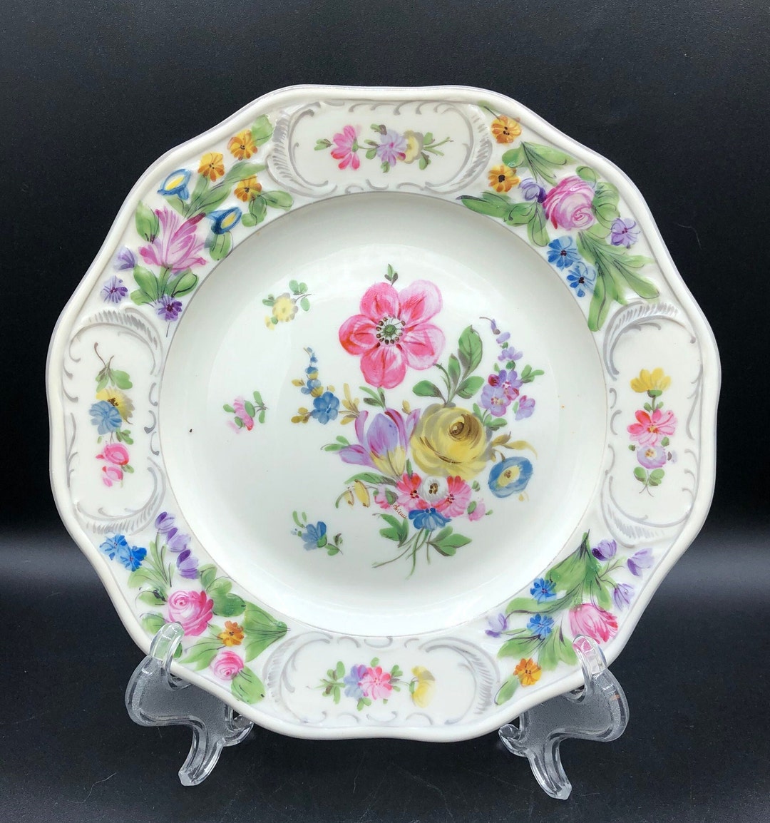 Dresden Hand Painted Floral Plate With Beautiful Colors Decorative Edge ...
