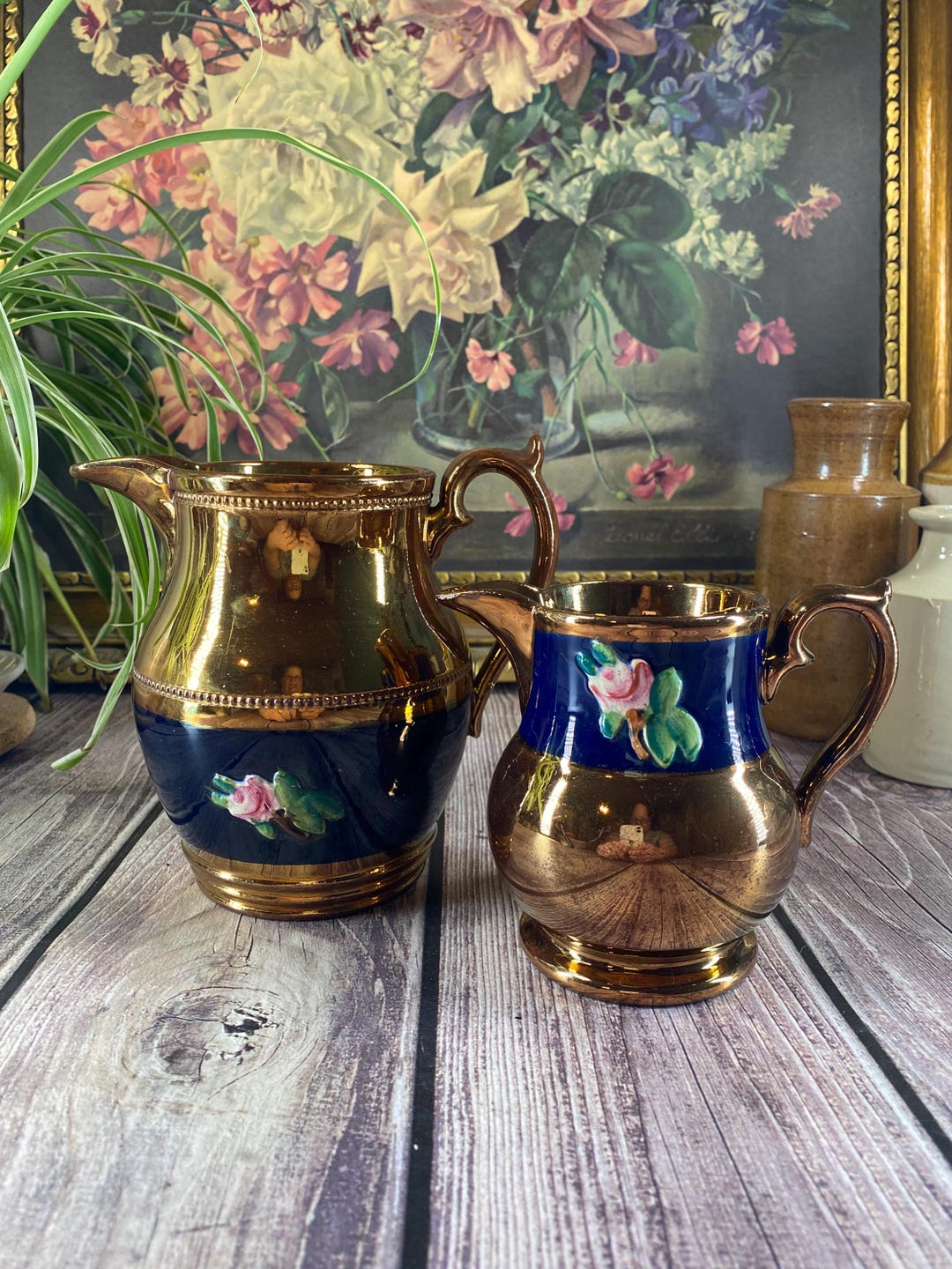 Vintage Copper Gold Lustreware Pitcher Pair, Ye Olde Lustre, Rose ...
