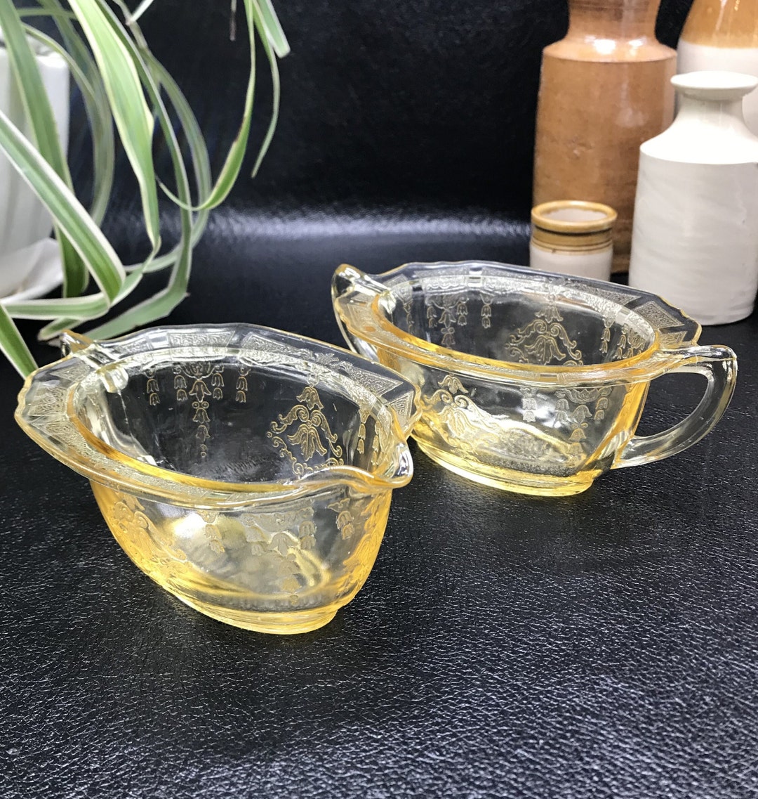 Creamer and Sugar Bowl Set by Anchor Hocking, princess Patterned Yellow Depression/uranium Glass ...