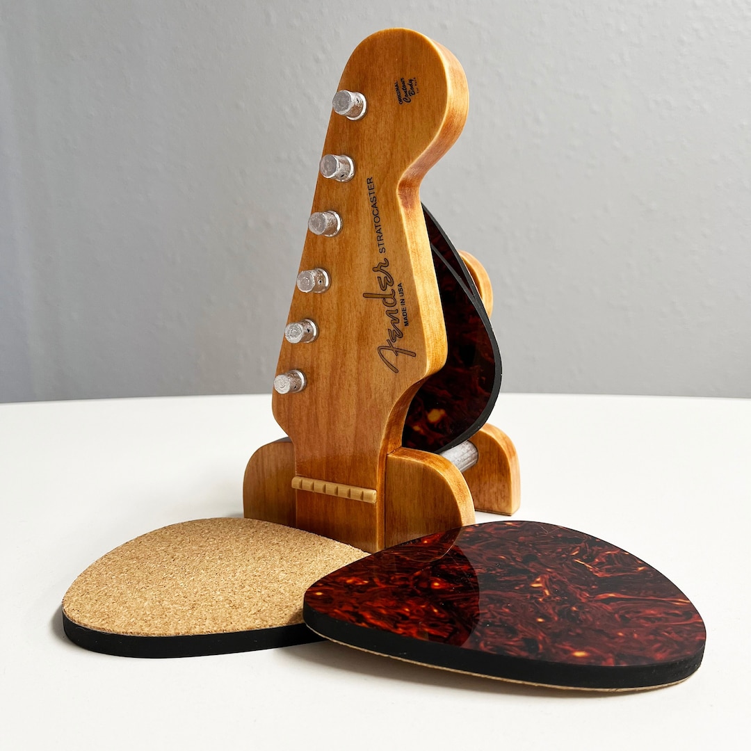 Guitar Pick Drink Coasters With a Stand Styled After a Fender Strat ...
