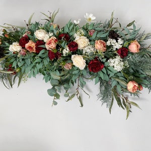 Large Dark Red, Peach, Ivory Rose & Eucalyptus Swag for Wedding Altar ...