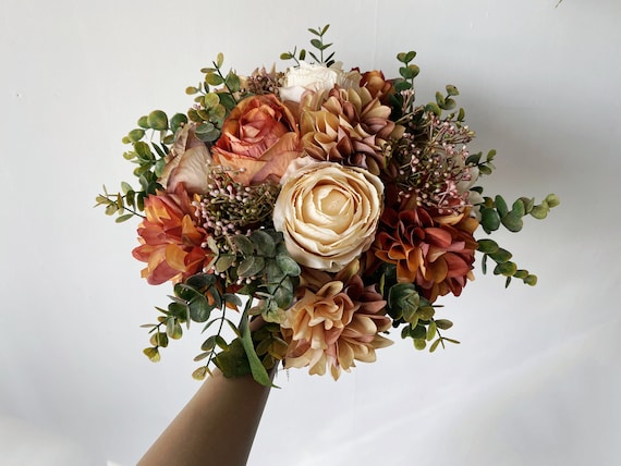 Burnt Orange Ivory White Rust Bouquet Rose Dahlia | Etsy