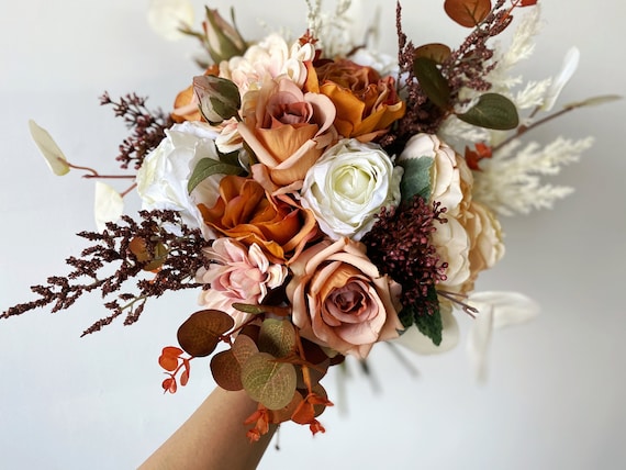 Burnt Orange Ivory White Fall Bouquet Small Fall Wedding Bouquet for Bride or Bridesmaids Fall Silk Flower Bouquet Fall Rustic Bouquet