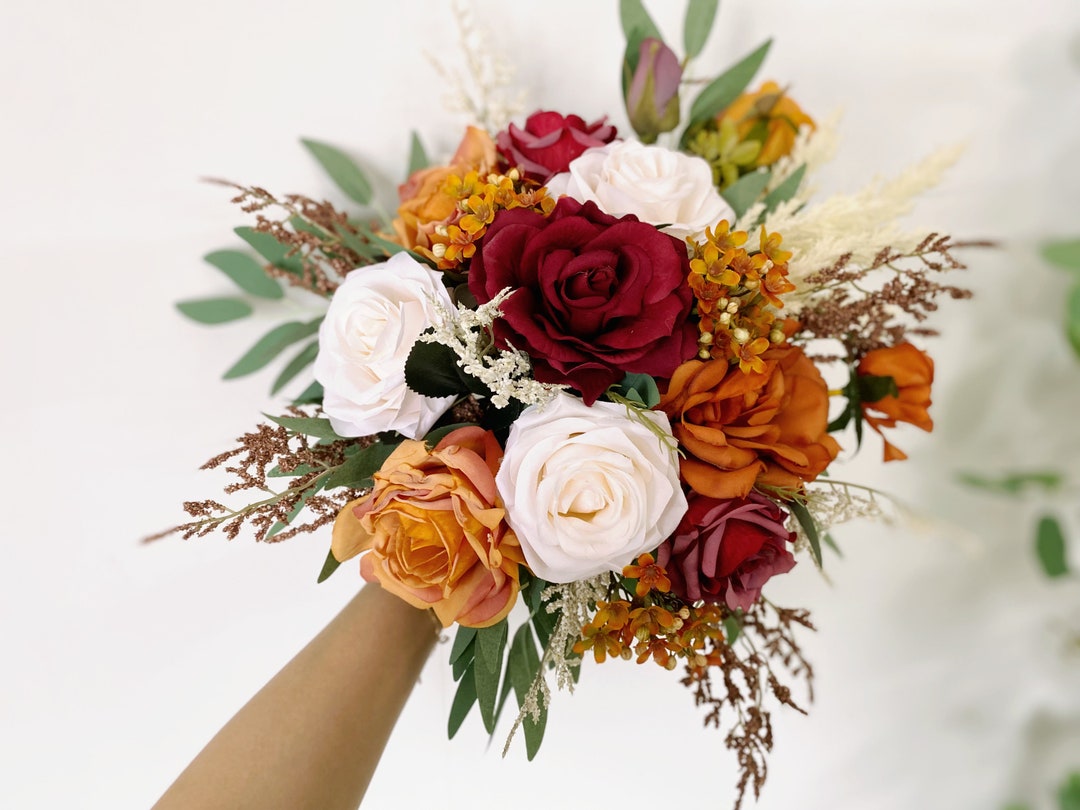 Burgundy and Rust Wedding Flower Bouquet, Burnt Orange Sage Green ...