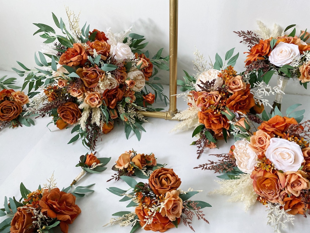 Rust and Sage Green Wedding Bridal N Bridesmaid Bouquet, Burnt Orange & Ivory White Pampas ...