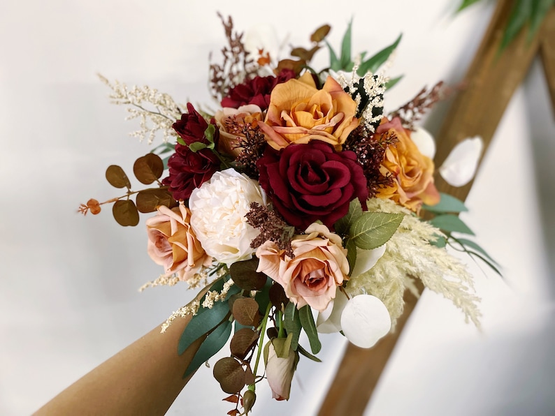 Burgundy Burnt Orange Sage Green Pampas Wedding Bouquet, Burgundy ...