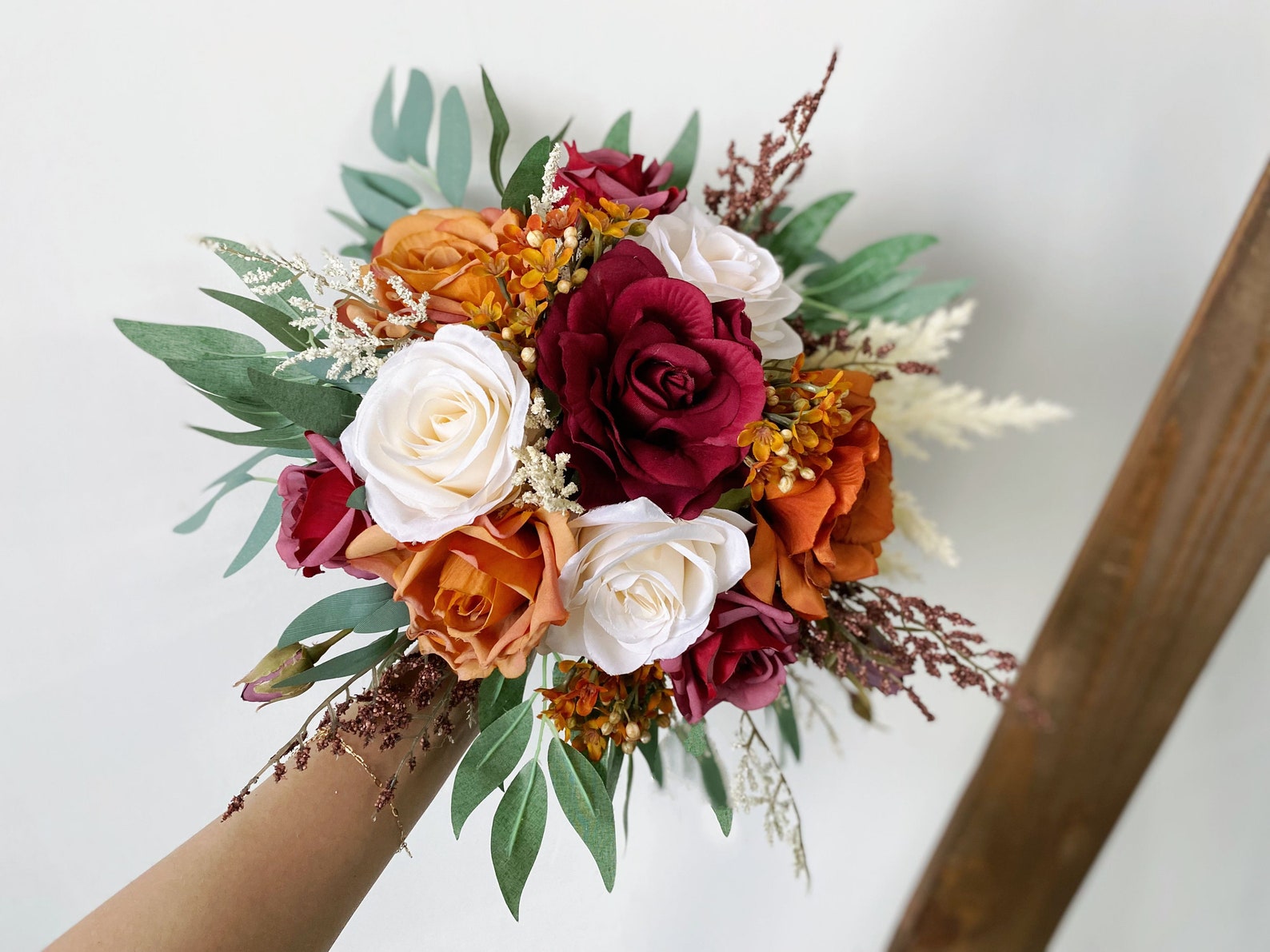Burgundy and Rust Wedding Flower Bouquet, Burnt Orange Sage Green ...