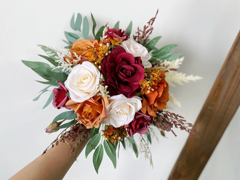 Burgundy and Rust Wedding Flower Bouquet, Burnt Orange Sage Green ...