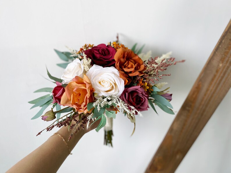 Burgundy and Rust Wedding Flower Bouquet, Burnt Orange Sage Green ...