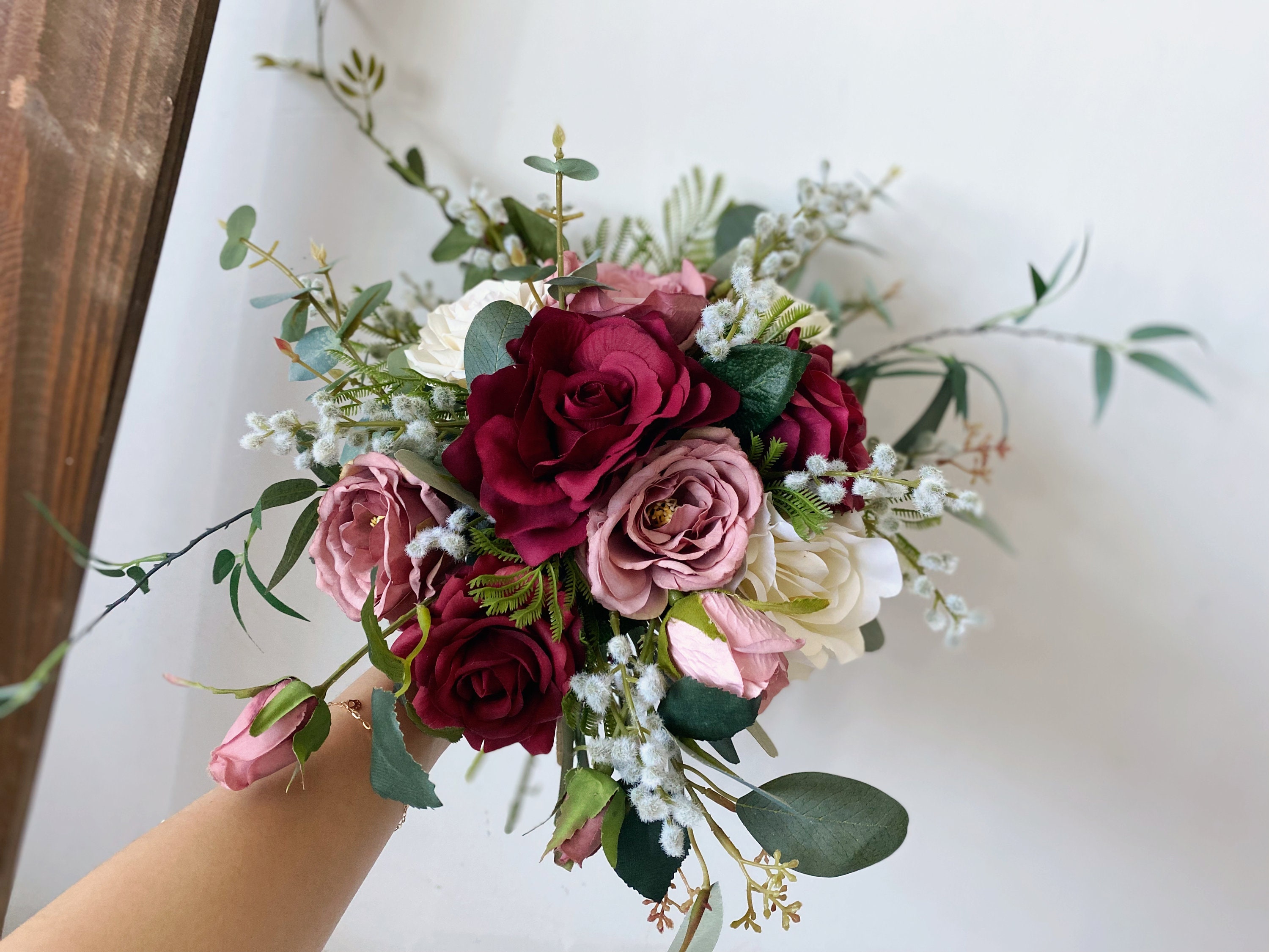 Burgundy, Dusty Pink, Ivory White Rose & Eucalyptus Wedding Bouquet ...