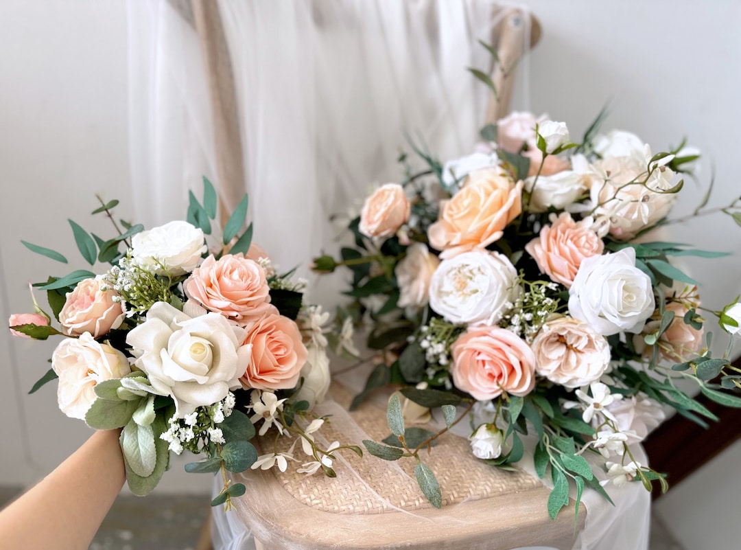 Peach & White Wedding Flowers, Peach Rose Wedding Bouquet, Peach ...