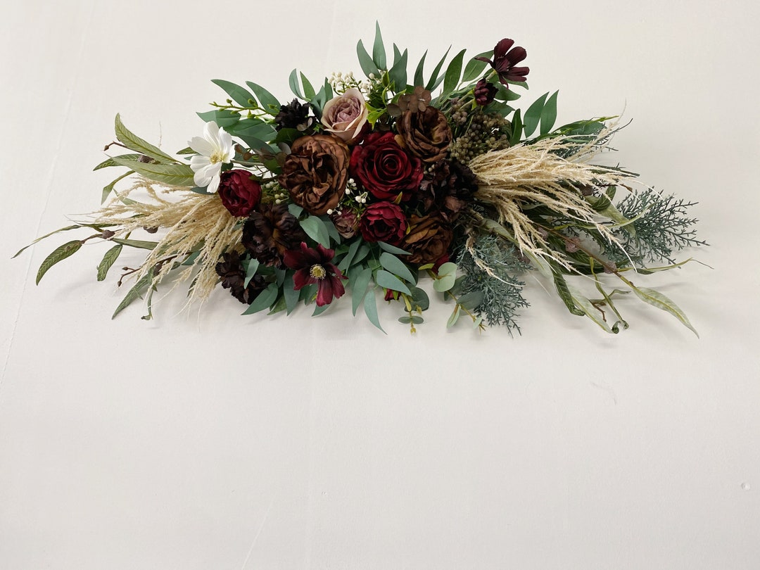 Bohemian Dark Colors Flower Swag, Rose & Pampas Flower Wall Hanging ...