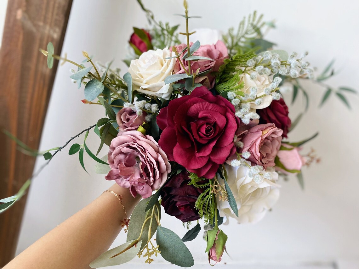 Burgundy Dusty Pink Ivory White Rose & Eucalyptus Wedding - Etsy