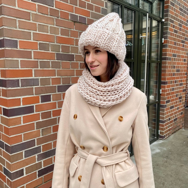 Beige Wool Beanie Knit Set for Women Beige Wool Hat Scarf Set Women ...