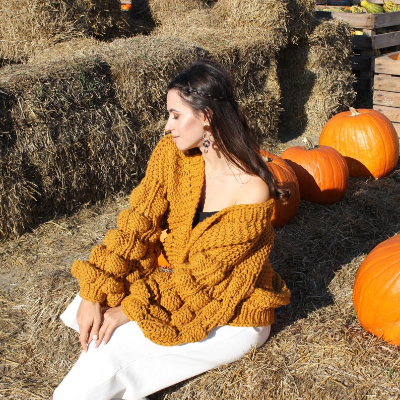 Orange Bomber Jacket Chunky Knit Cardigan Chunky Cardigan Bubble ...