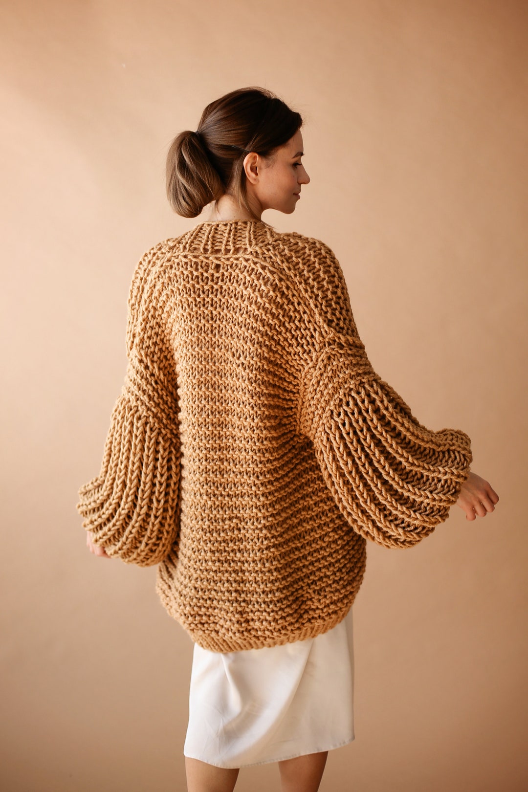 Beige Jacket Cable Knit Cardigan Oversized Sweater Wool Coat Women ...