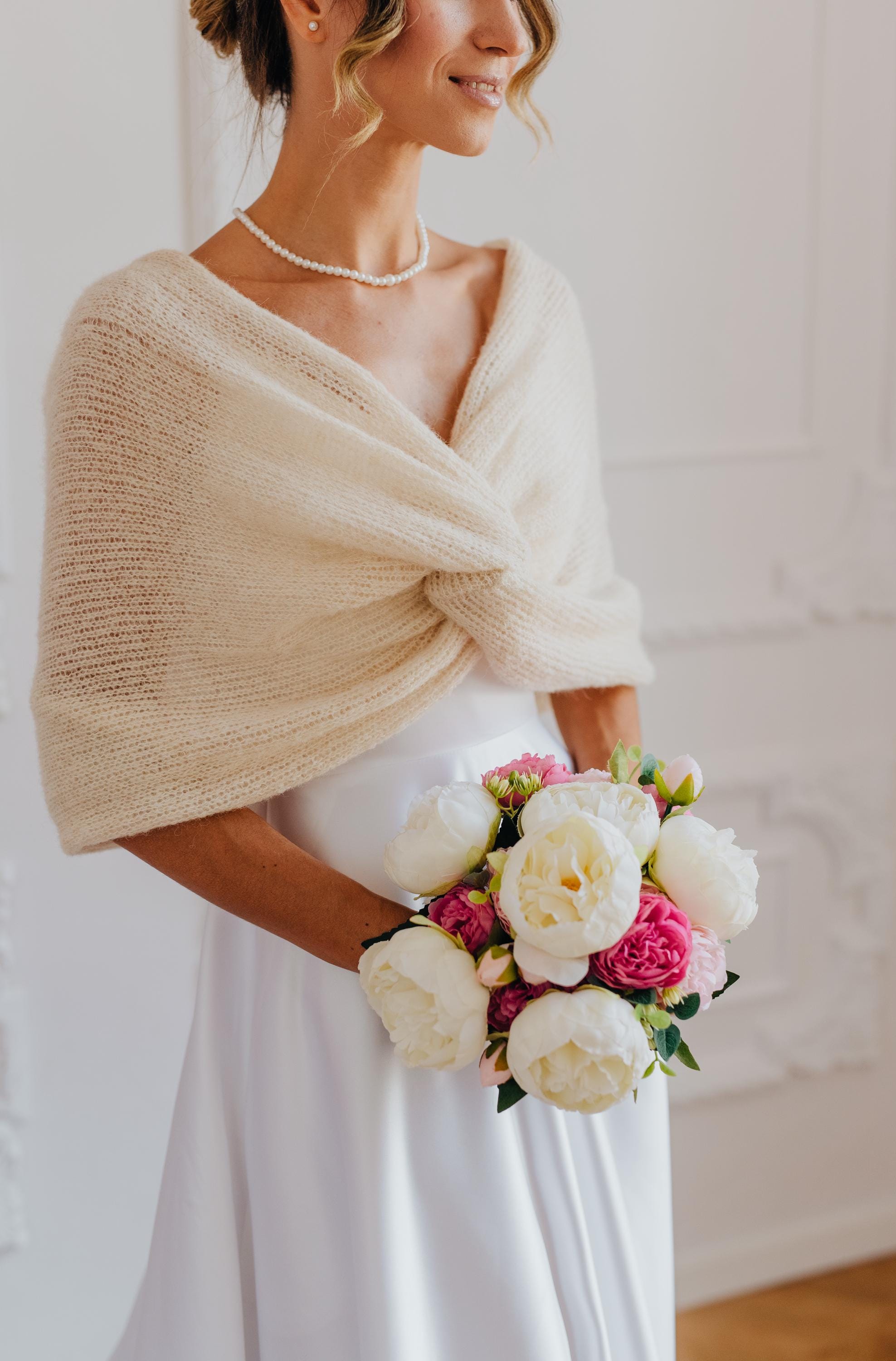 Bridal Shawl Wrap Wedding Stole Alpaca Silk Scarf Bridal Cover up White ...
