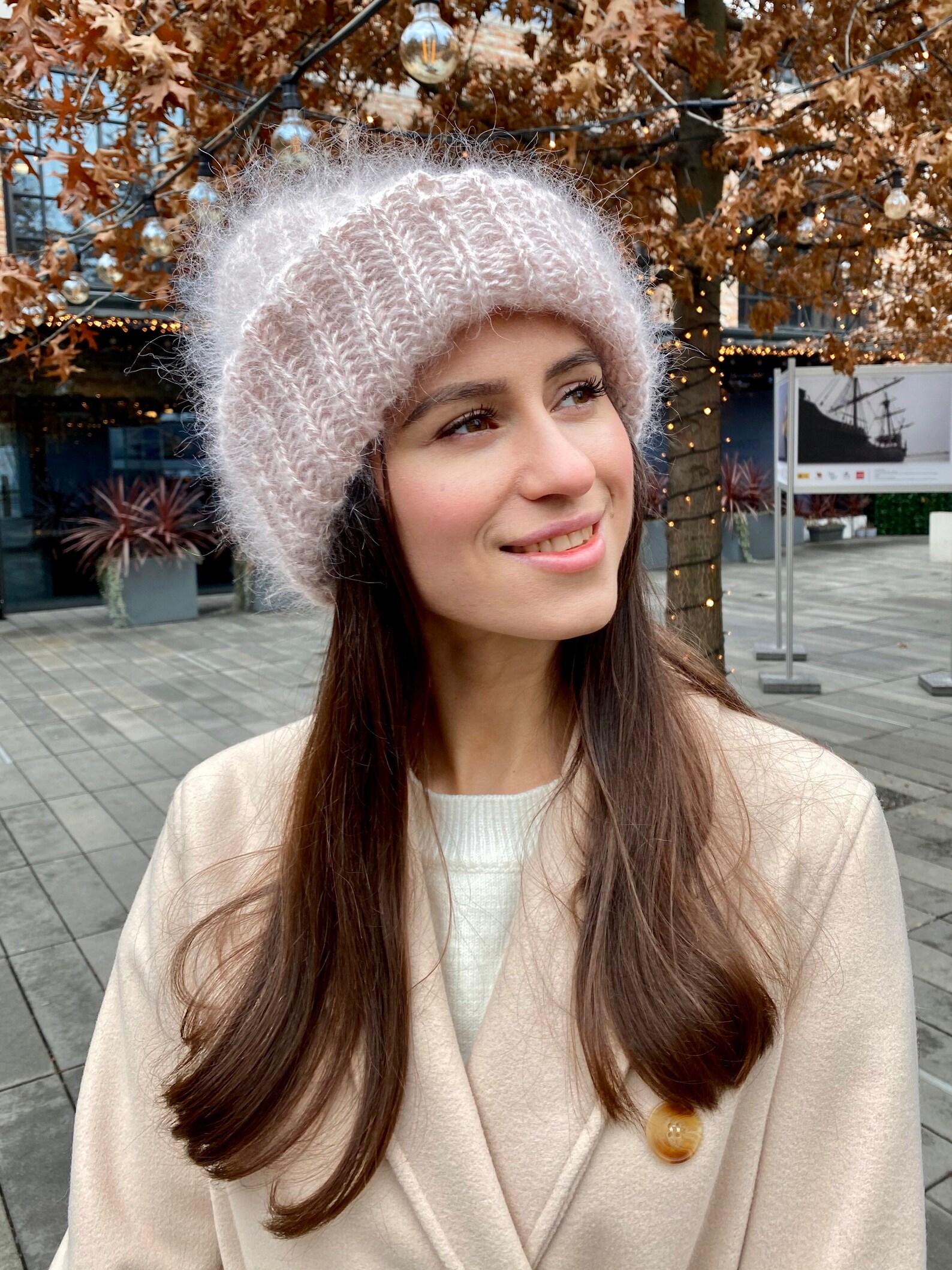 Beige Mohair Hat Cable Knit Hat Beige Wool Cape Slouchy Beanie Women ...