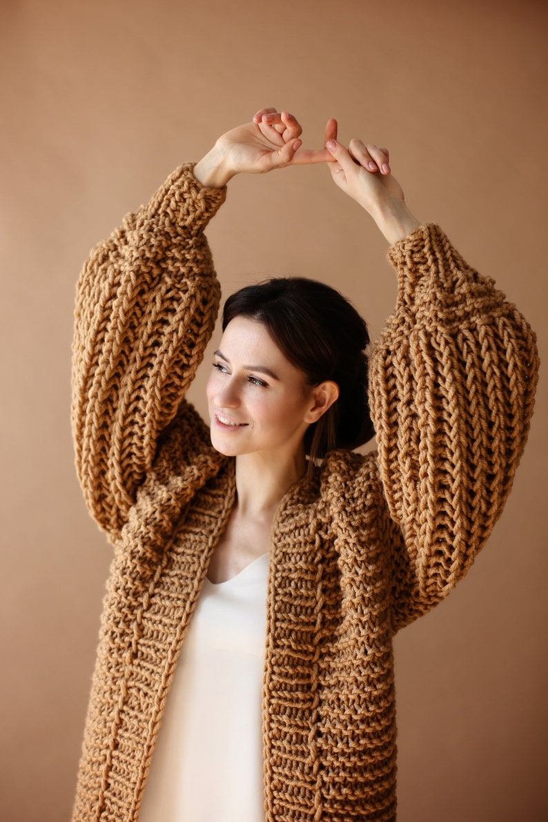 Beige Jacket Cable Knit Cardigan Oversized Sweater Wool Coat Women ...