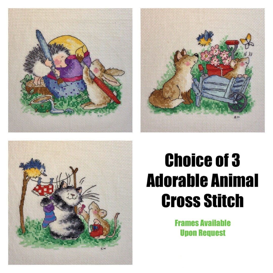 Choice of 3 Completed Adorable Anthropomorphic Animal Cross Stitch With ...