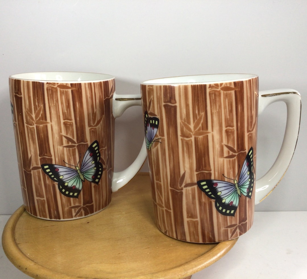 Vintage Neiman Marcus Butterfly Mugs: Brown Bamboo Design, Gold Accents ...