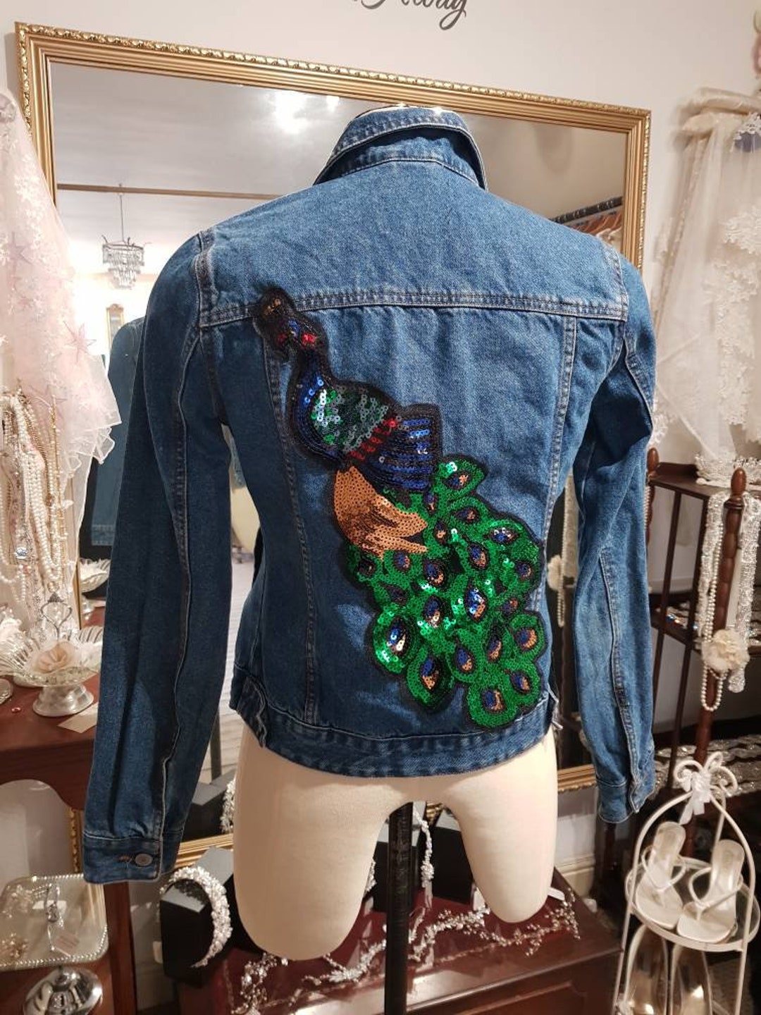 Size 6 Size Xs Denim Jacket-embellished Denim Jacket Peacock Applique ...