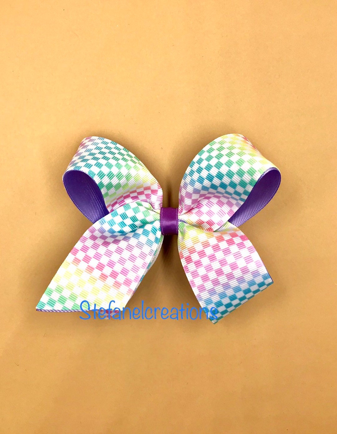 Jojo Siwa Inspired Bow, Large Multicolored Checkered and Purple Bow ...