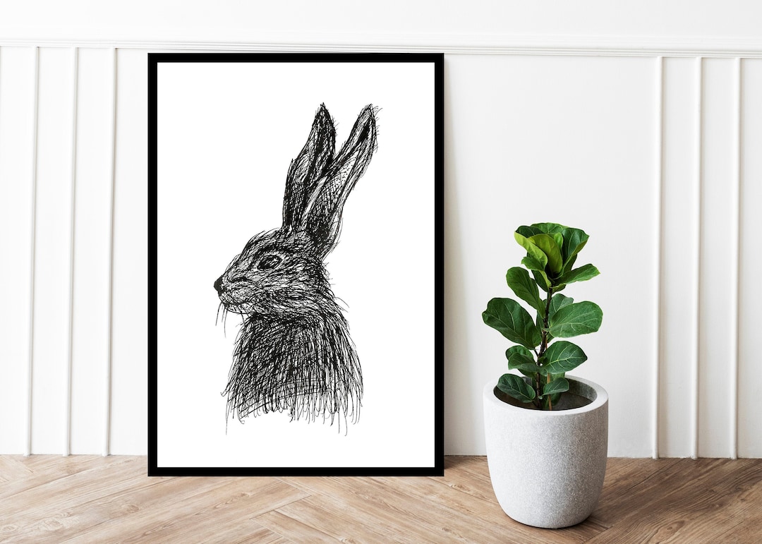 Rabbit Ink Art Hand Drawn Wall Decor Print - Ink Pen Wall Hanging ...