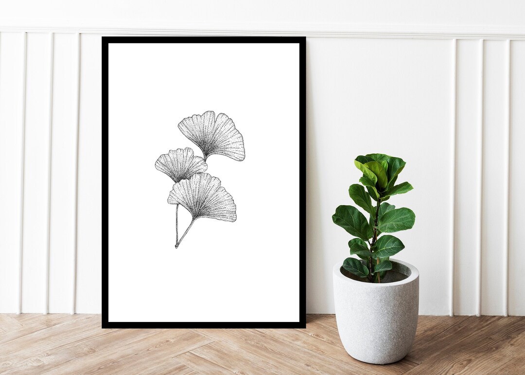 Ginkgo Leaves Botanical Wall Art Decor Ginkgo Floral Leaf Ink Pen ...