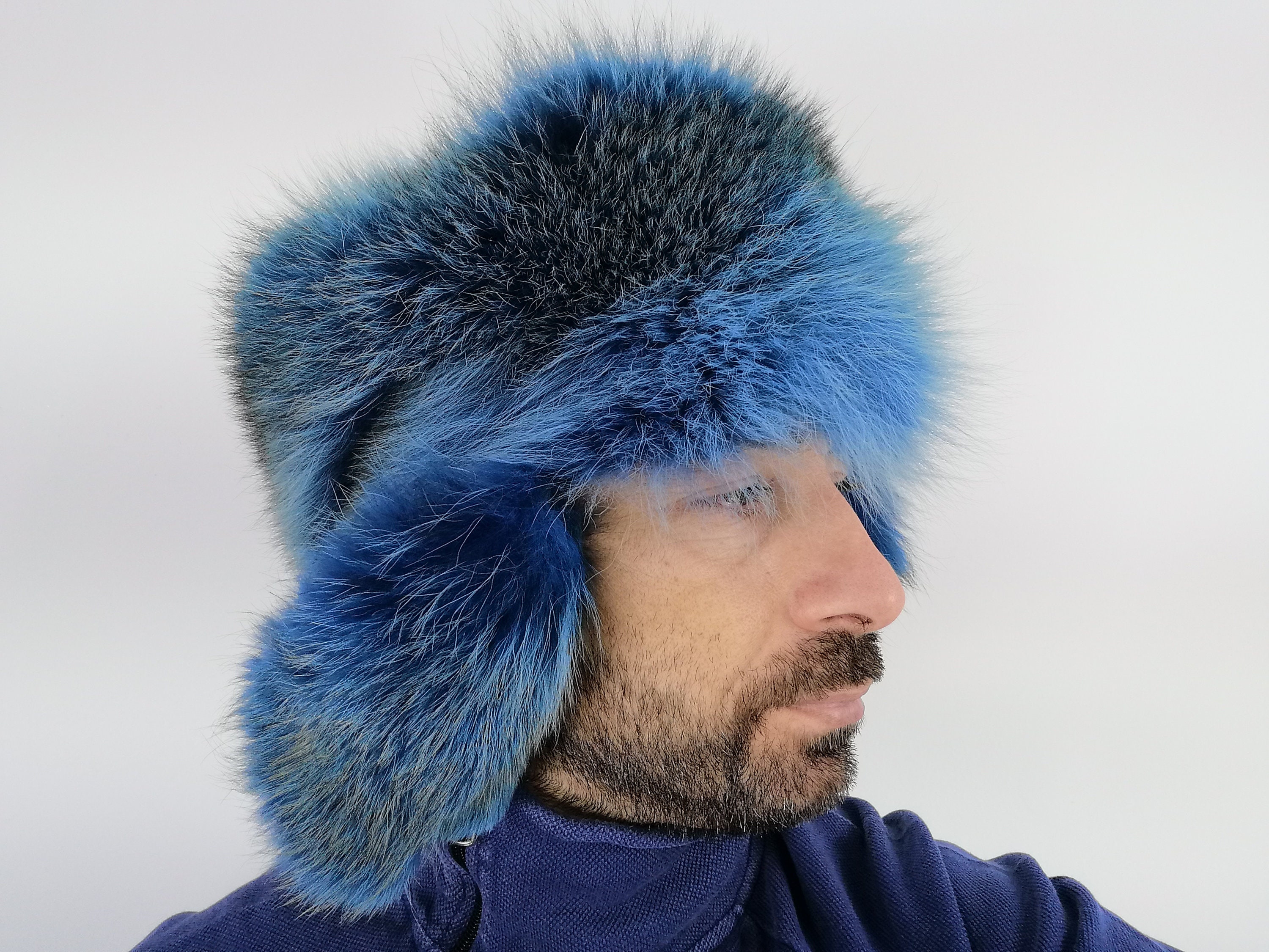 Blue fur trapper hat fox
