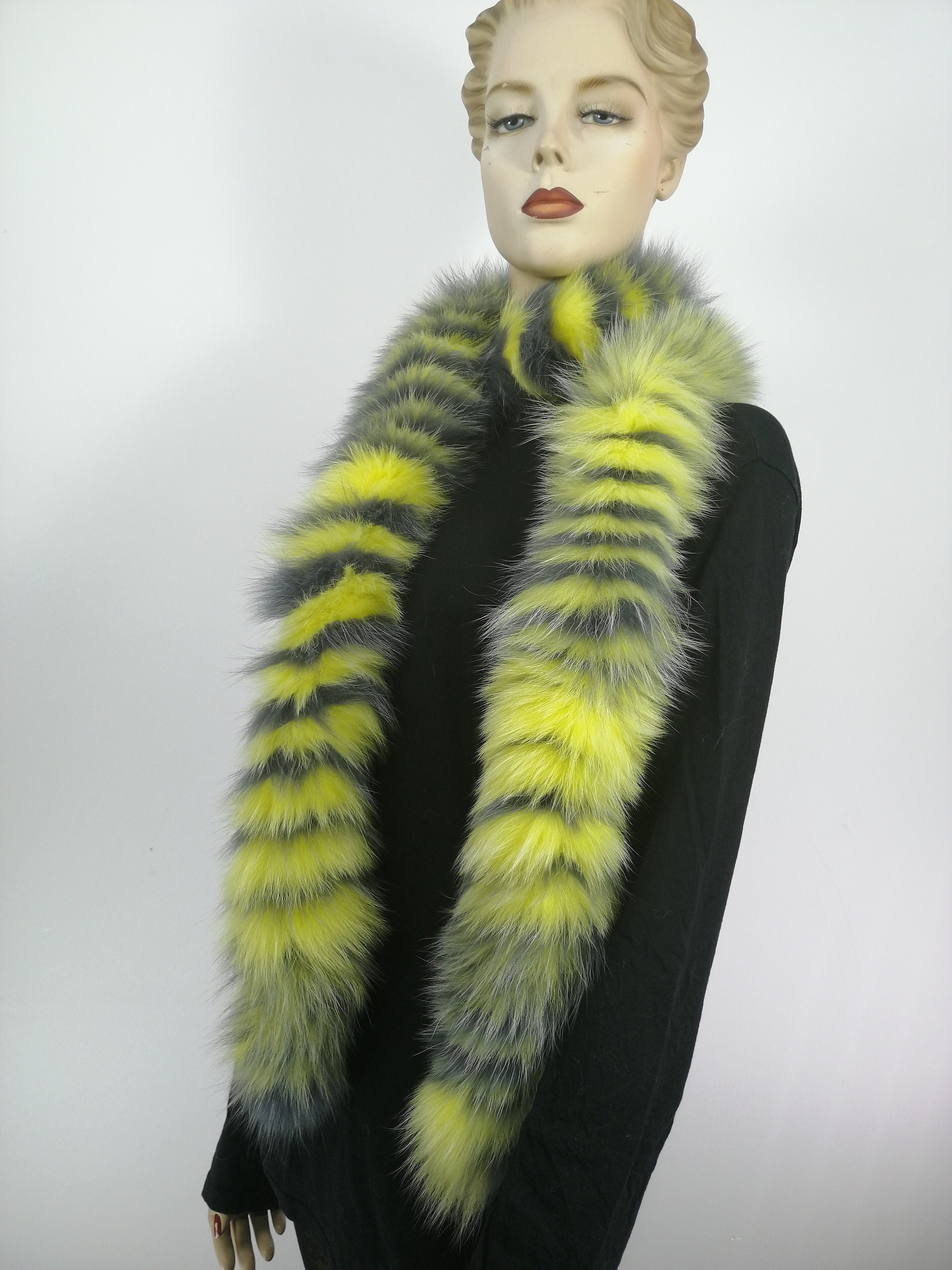 Real fox scarf yellow gray