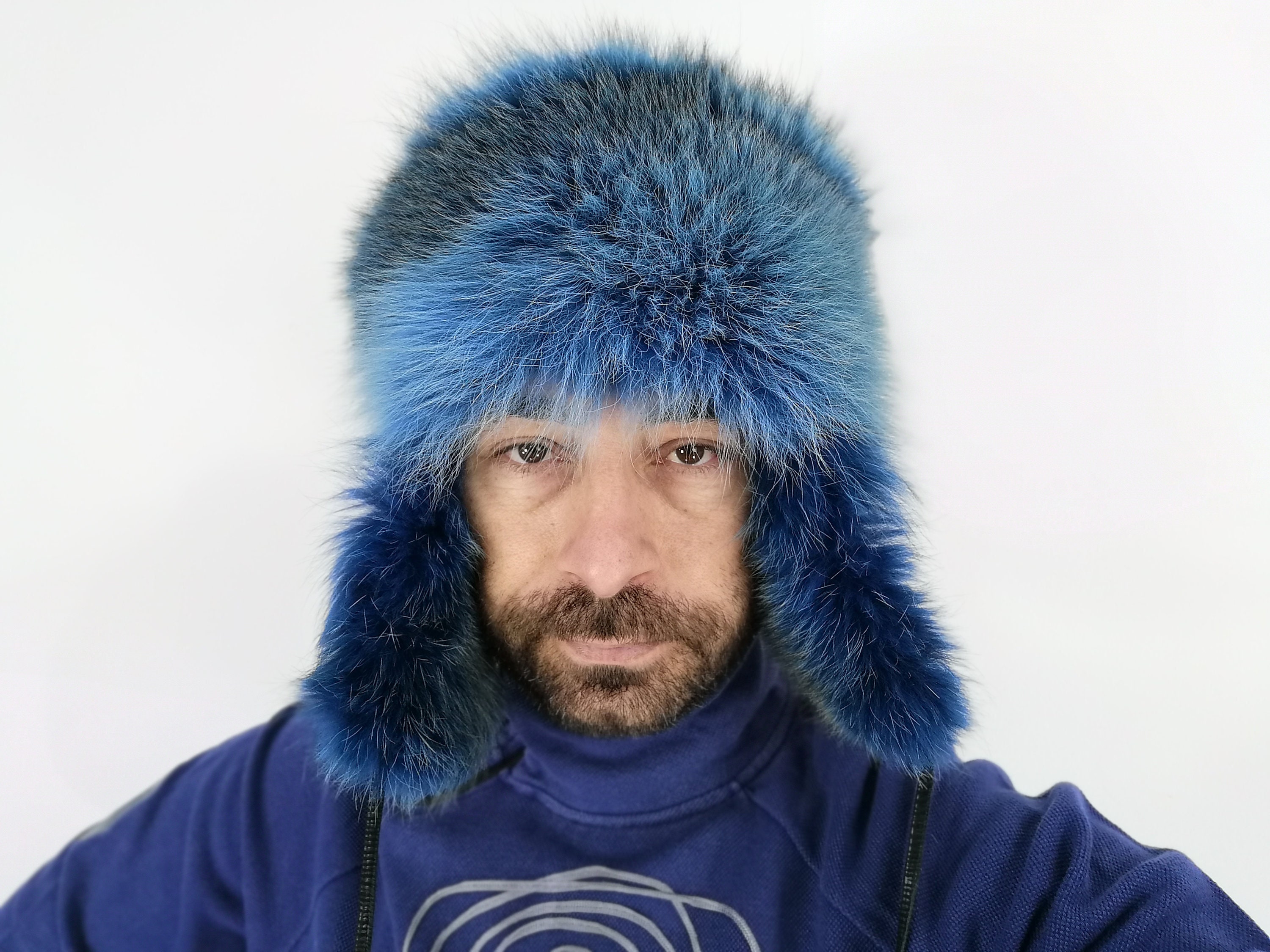Blue fur trapper hat fox