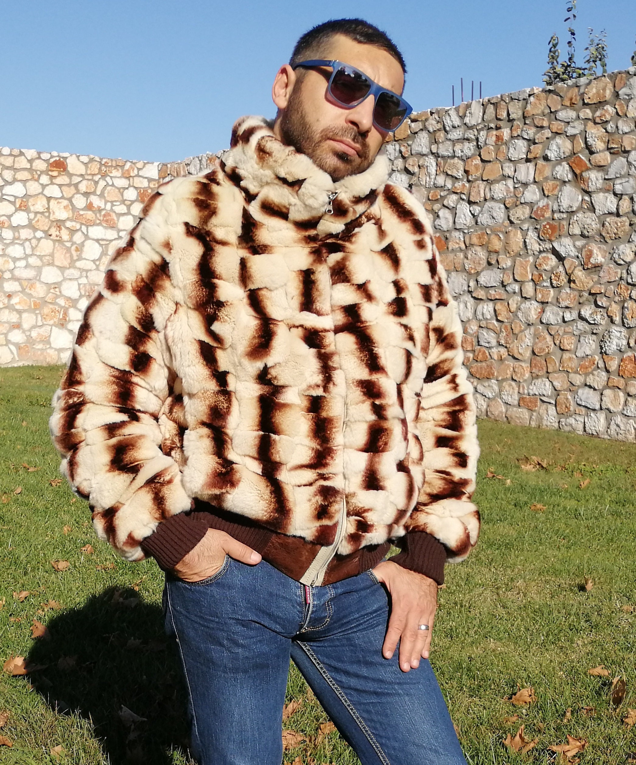 Men fur jacket beige rex rabbit